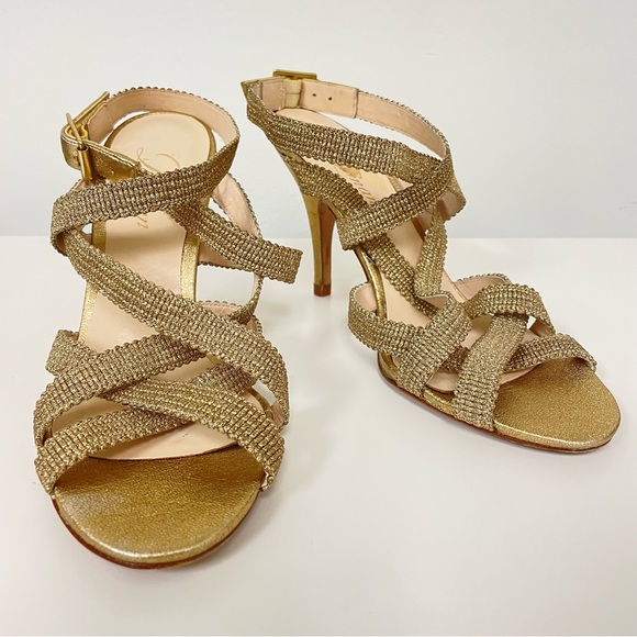 Delman | Shoes | Delman Gold Leather And Fabric Strap Sandals Evening ...